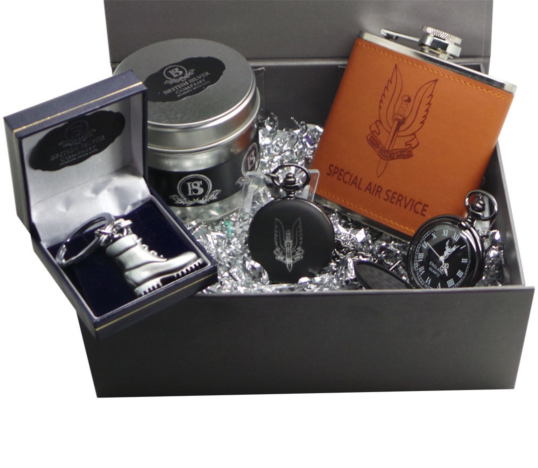 SAS Personalised Gift Hamper Pocket Watch Hip Flask Army Boot Keyring ...