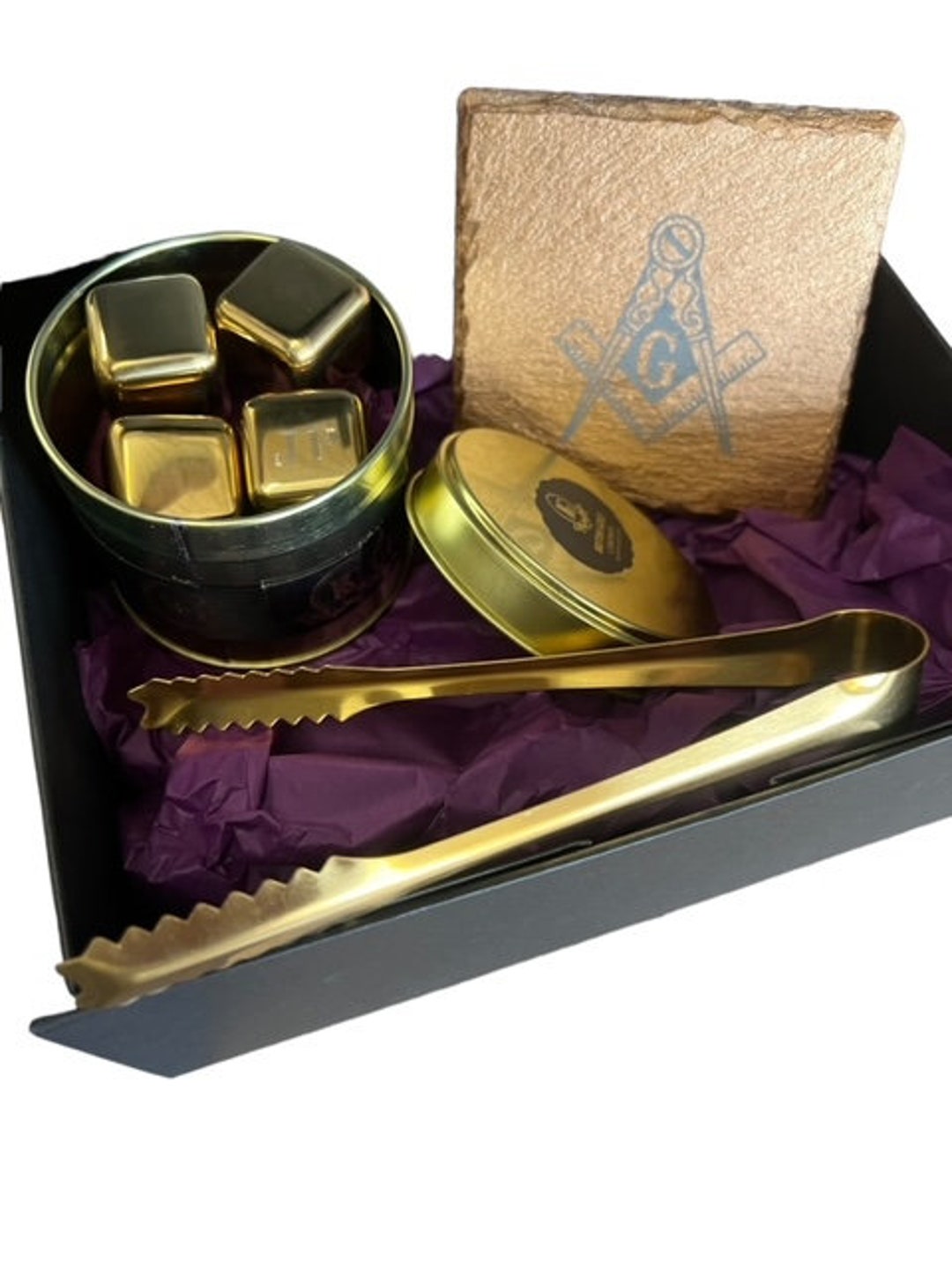 Freemason Hamper Personalised Gold Ice Cubes Tongs Slate Coaster 6 ...