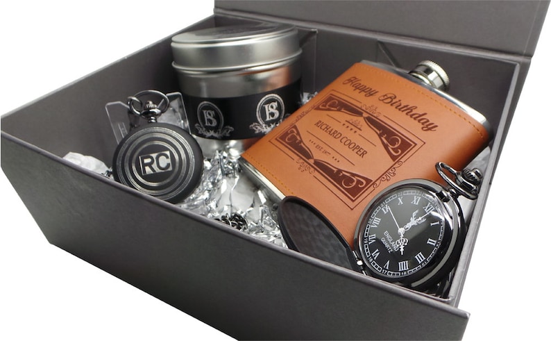 Gift Hamper Personalised Pocket Watch Hip Flask Engraved Luxury Set ...