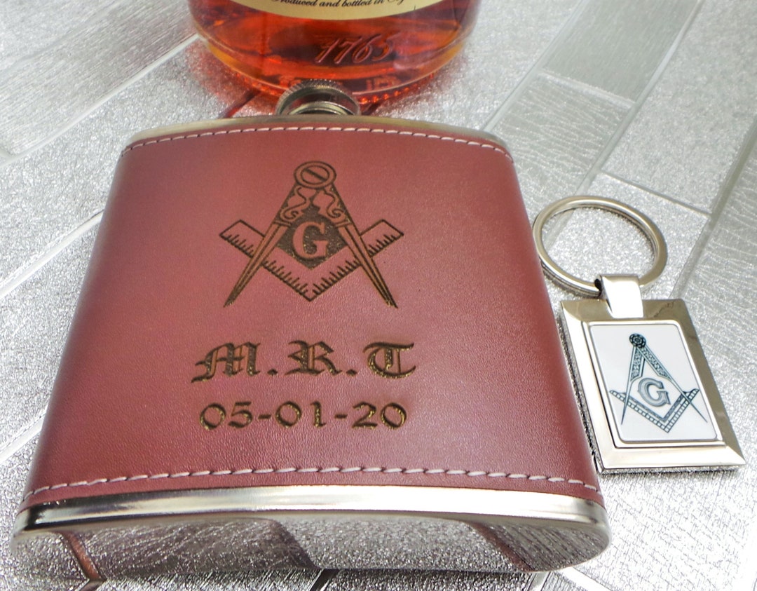Freemason Leather Hip Flask and Silver Keychain Keyring Custom Engraved ...