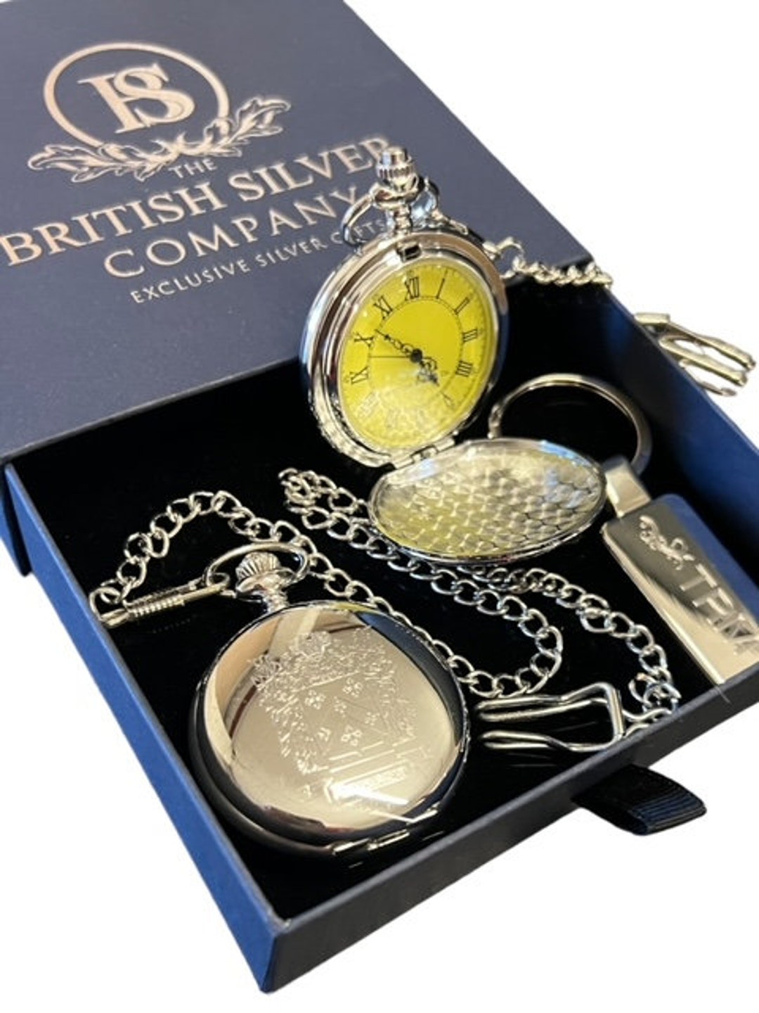 Family Name Coat of Arms Silver Pocket Watch and Monogrammed Keyring ...