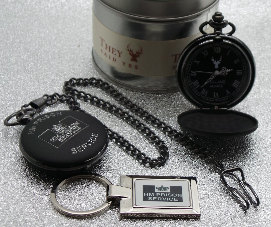 Personalised HM PRISON Pocket Watch Engraved Silver Keyring Keychain ...