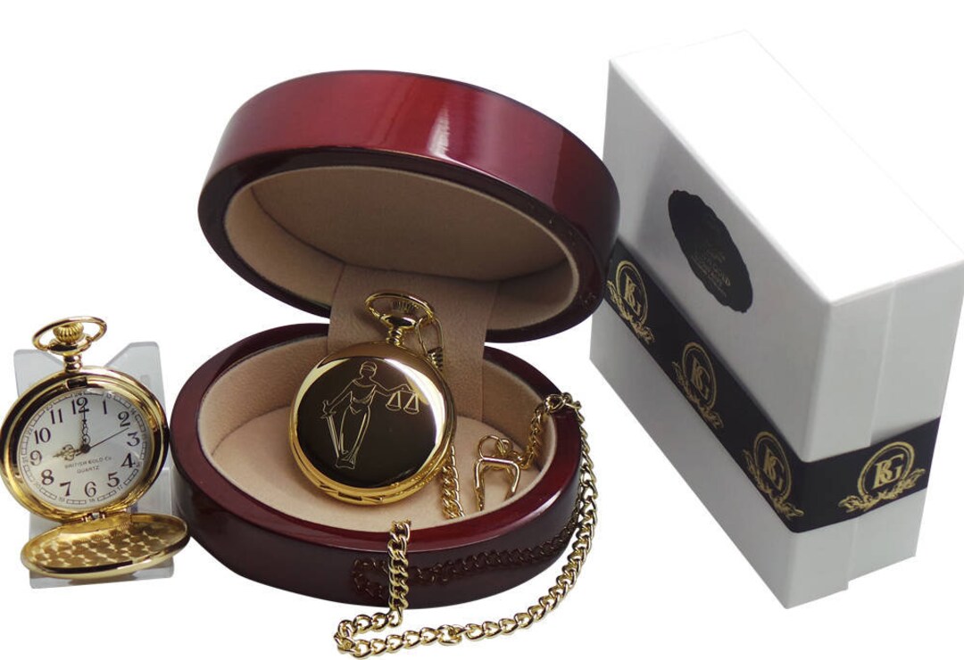 Legal Scales of Justice Pocket Watch and Chain Luxury Wooden Case Free ...