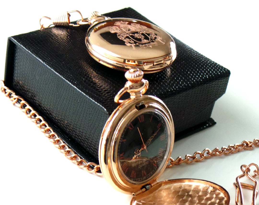 Family Crest Pocket Watch: 18k Rose Gold Plated, Custom Engraved - Etsy