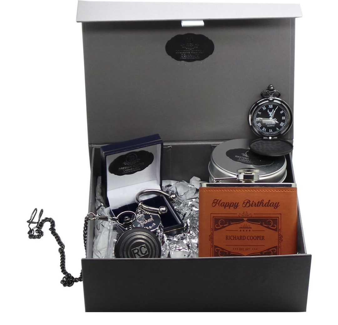 Personalised Gift Hamper Pocket Watch Hip Flask Keyring Engraved Luxury ...