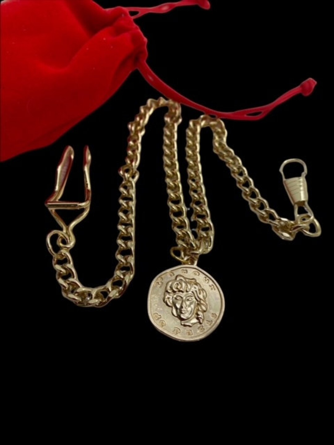 Gold Pocket Watch Chain Single Albert With Fob Roman Style Coin Pendant ...