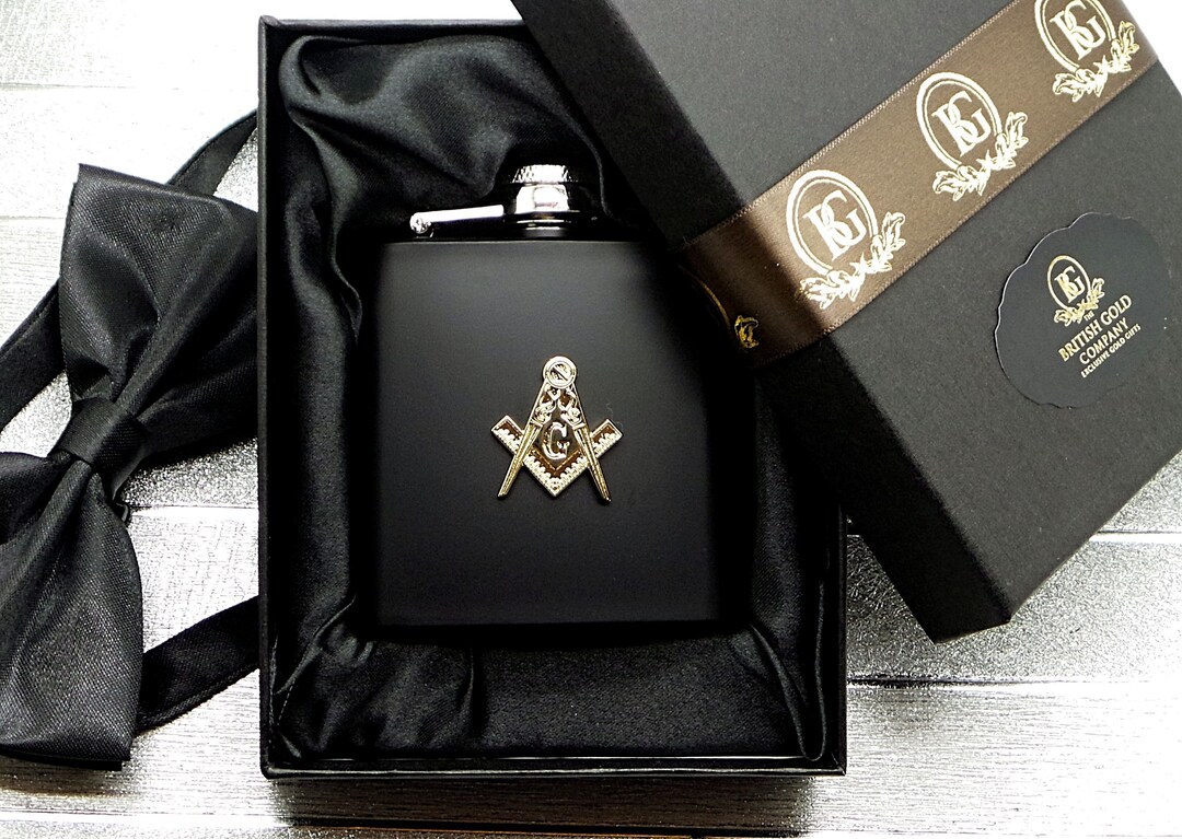 Freemason Hip Flask Spirit Whiskey Spirits Gift Boxed Matte Black Gold ...