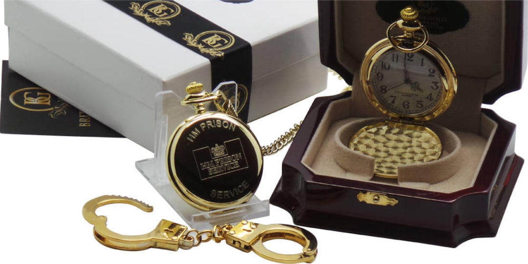 HM PRISON Gold Personalised Pocket Watch and Handcuffs Keyring - Etsy