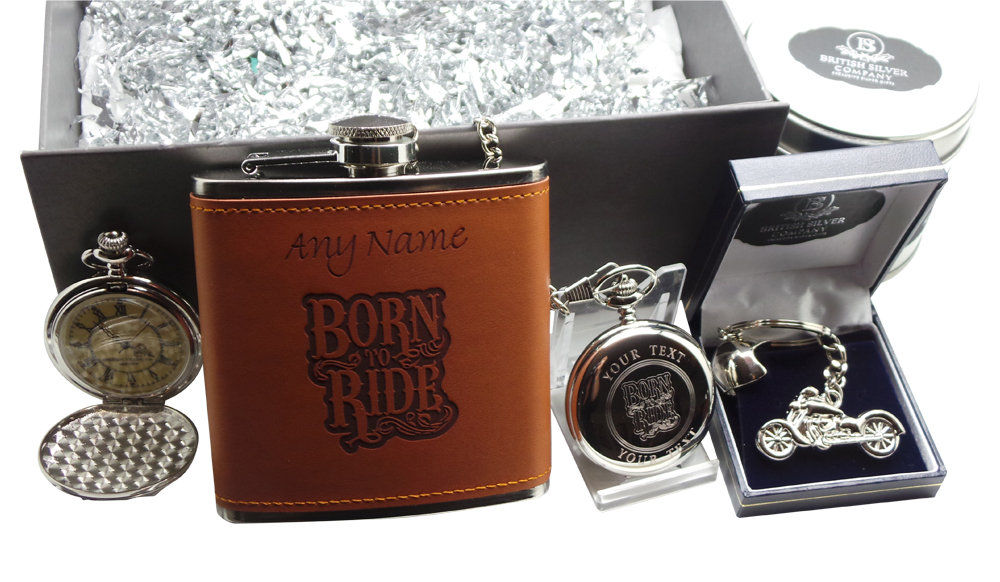 Biker Gifts Hamper Personalised Pocket Watch Hip Flask Motorcylce ...