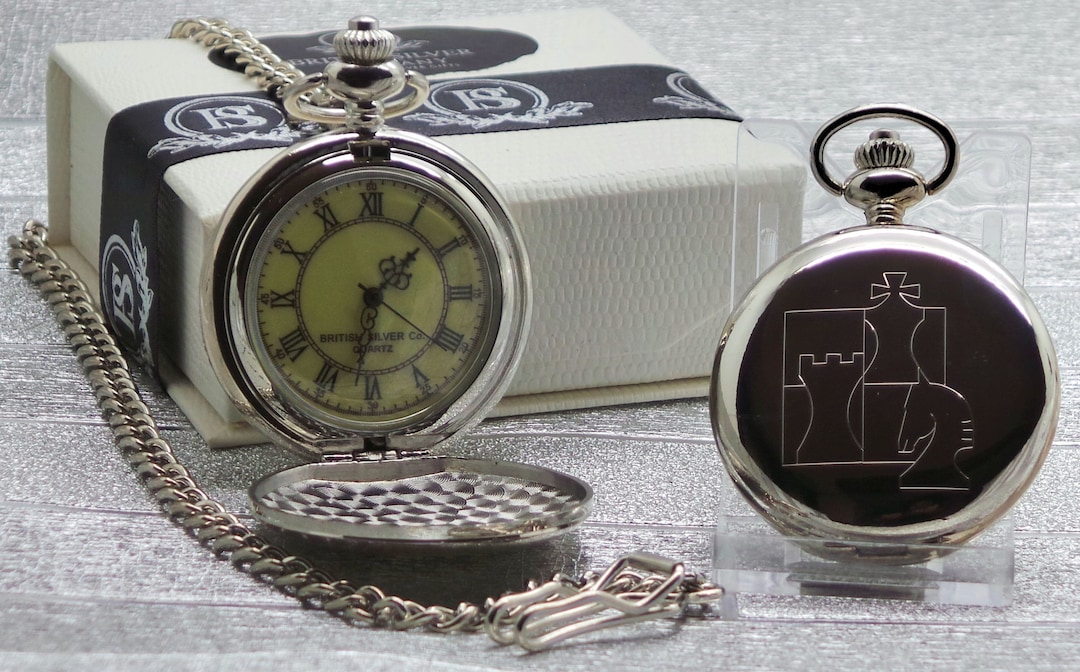 Personalised Chess Silver Pocket Watch & Chain in Luxury Gift Case ...