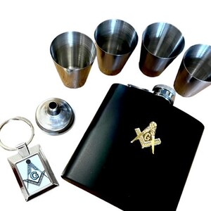 Freemason Hip Flask 7 Piece Luxury Gift Set With Gold Emblem 4 Steel ...