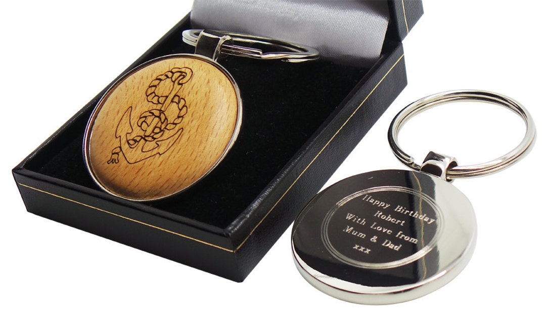 Rope and Anchor Keyring Personalised Silver OR Gold Engraved Keychain ...