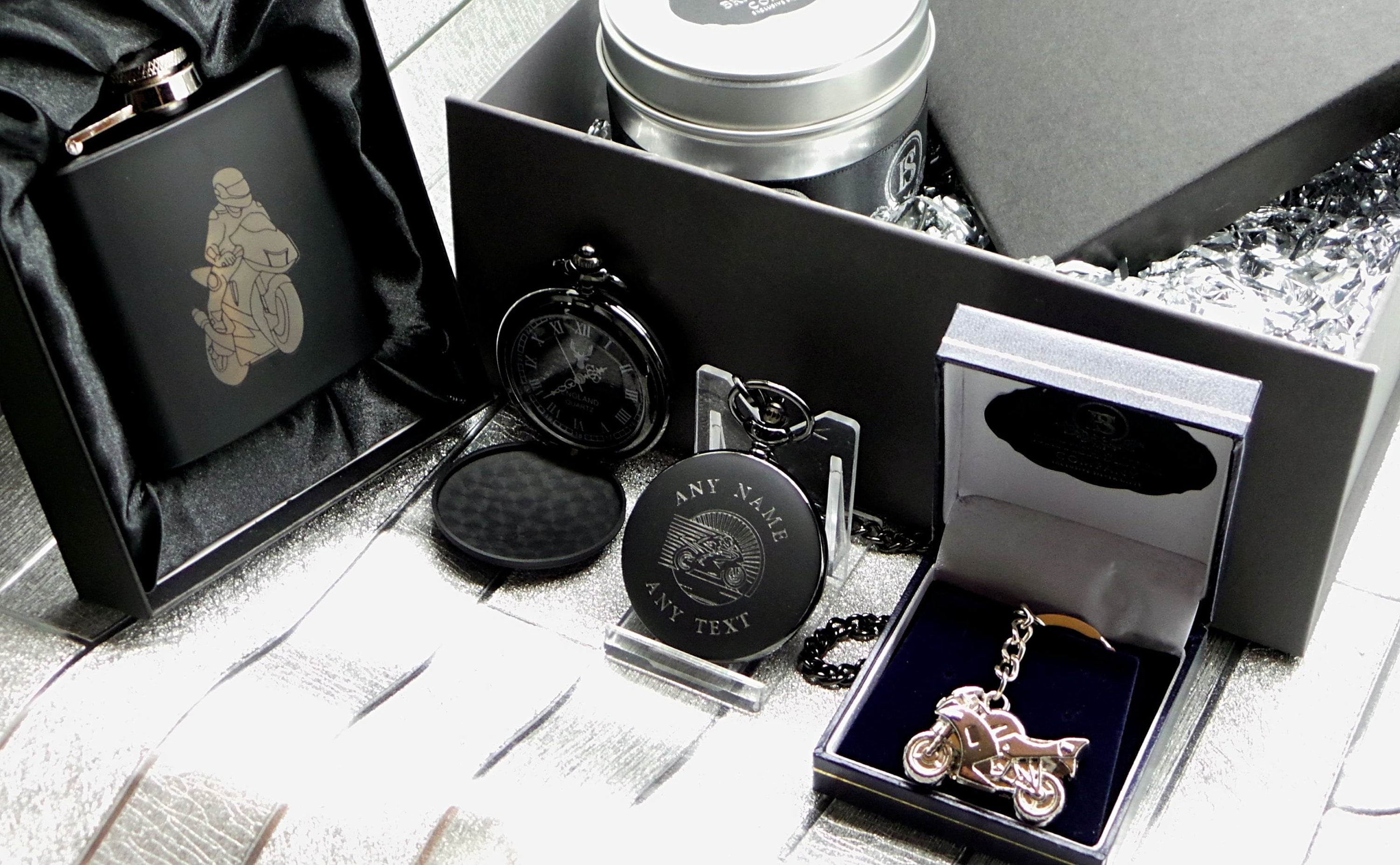 Biker Superbike Gift Hamper Personalised Black Pocket Watch Hip Flask ...