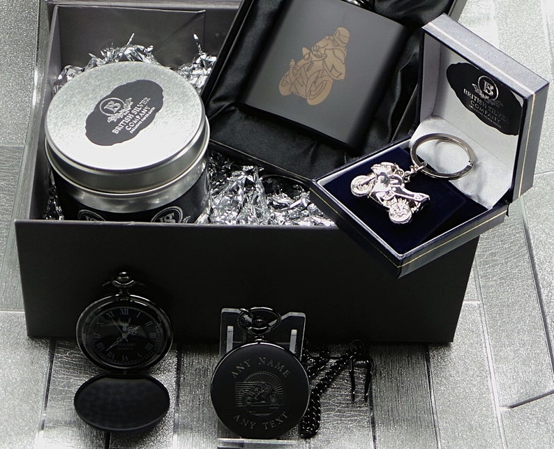 Biker Superbike Gift Hamper Personalised Black Pocket Watch Hip Flask ...