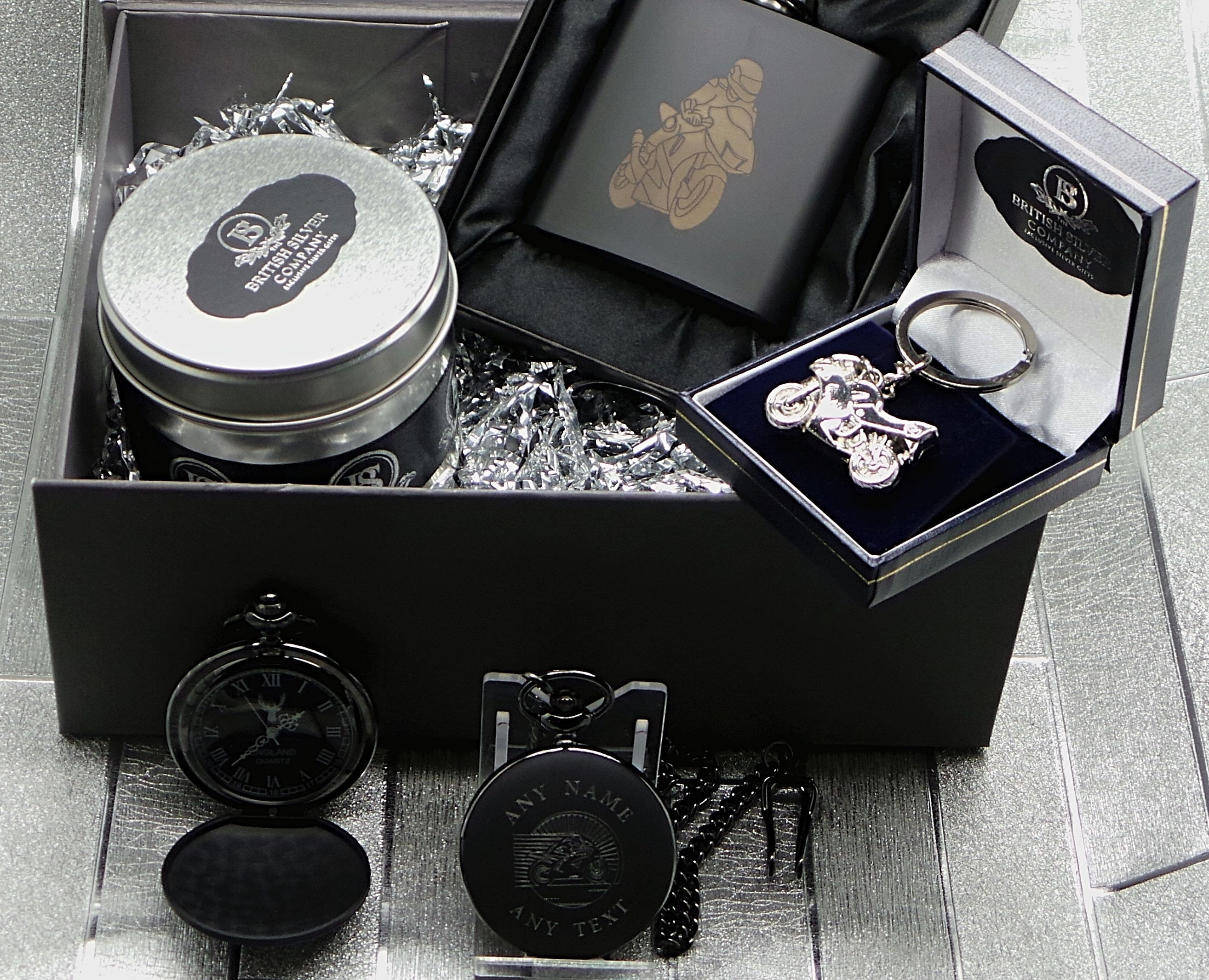 Biker Superbike Gift Hamper Personalised Black Pocket Watch Hip Flask ...
