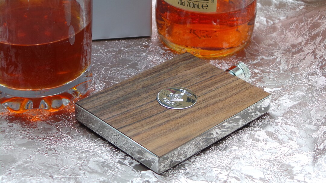 Masonic Personalised Wood and Silver Hip Flask Custom Engraved Spirit ...
