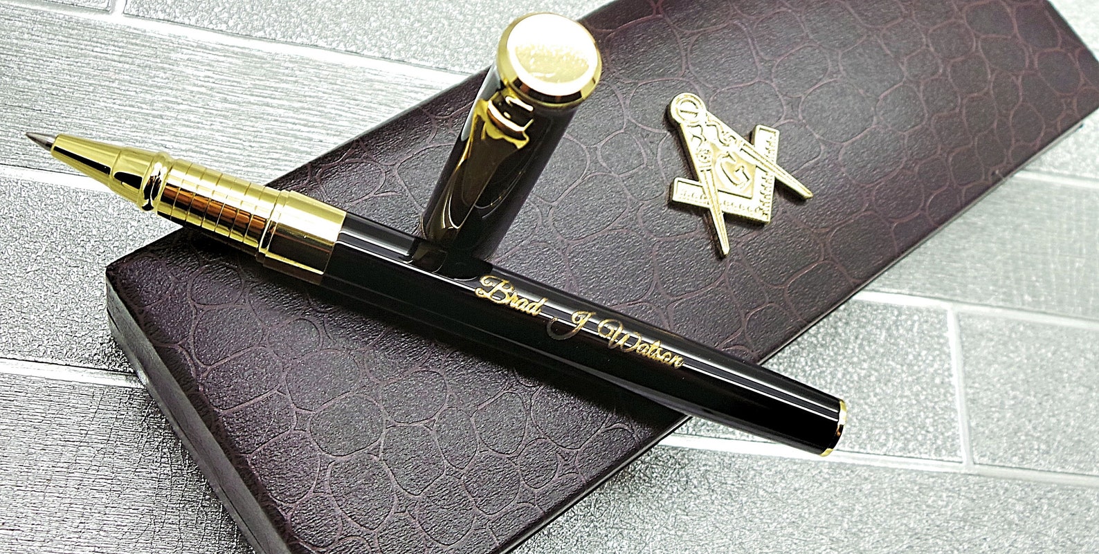 Masonic Freemasons 24k Gold Clad Engraved Masonic Black Ink Rollerball ...
