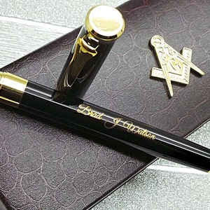 Masonic Freemasons 24k Gold Clad Engraved Masonic Black Ink Rollerball ...