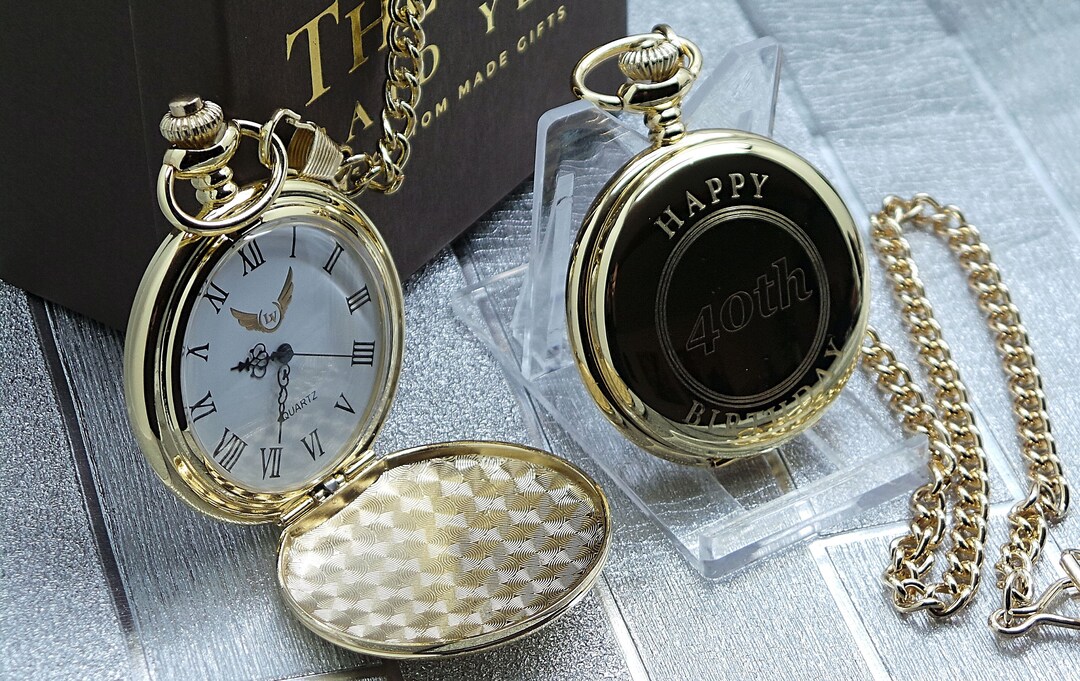 40th Birthday Pocket Watch and Chain Gold 24k Forty Years Personalised ...