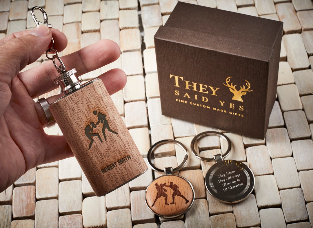 Boxing Boxer Personalised Wood Steel Silver Hip Flask Fighter Keyring ...