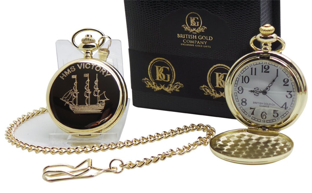 HMS Victory 24k Gold Plated Pocket Watch and Chain Luxury Box With ...