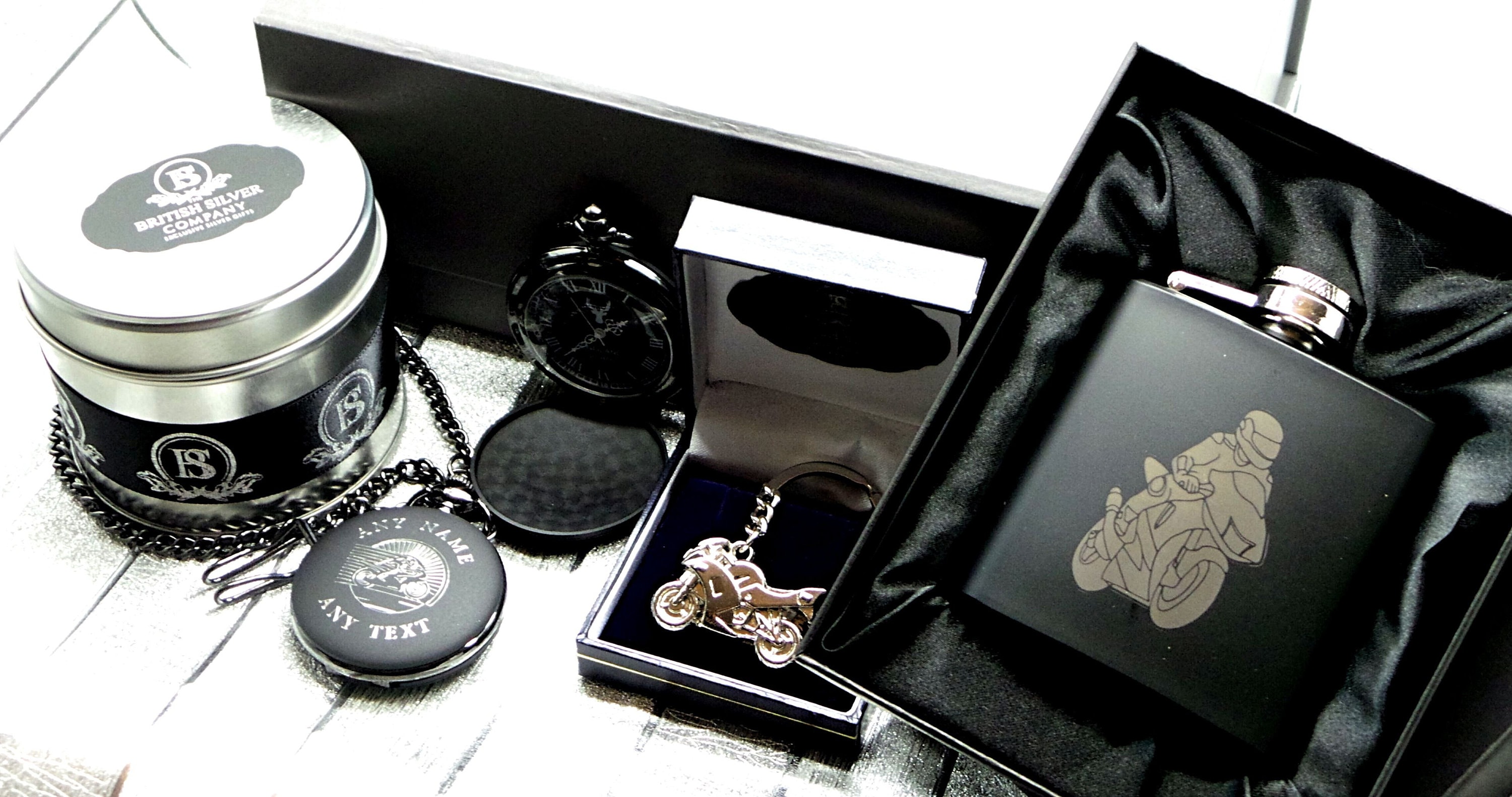 Biker Superbike Gift Hamper Personalised Black Pocket Watch Hip Flask ...