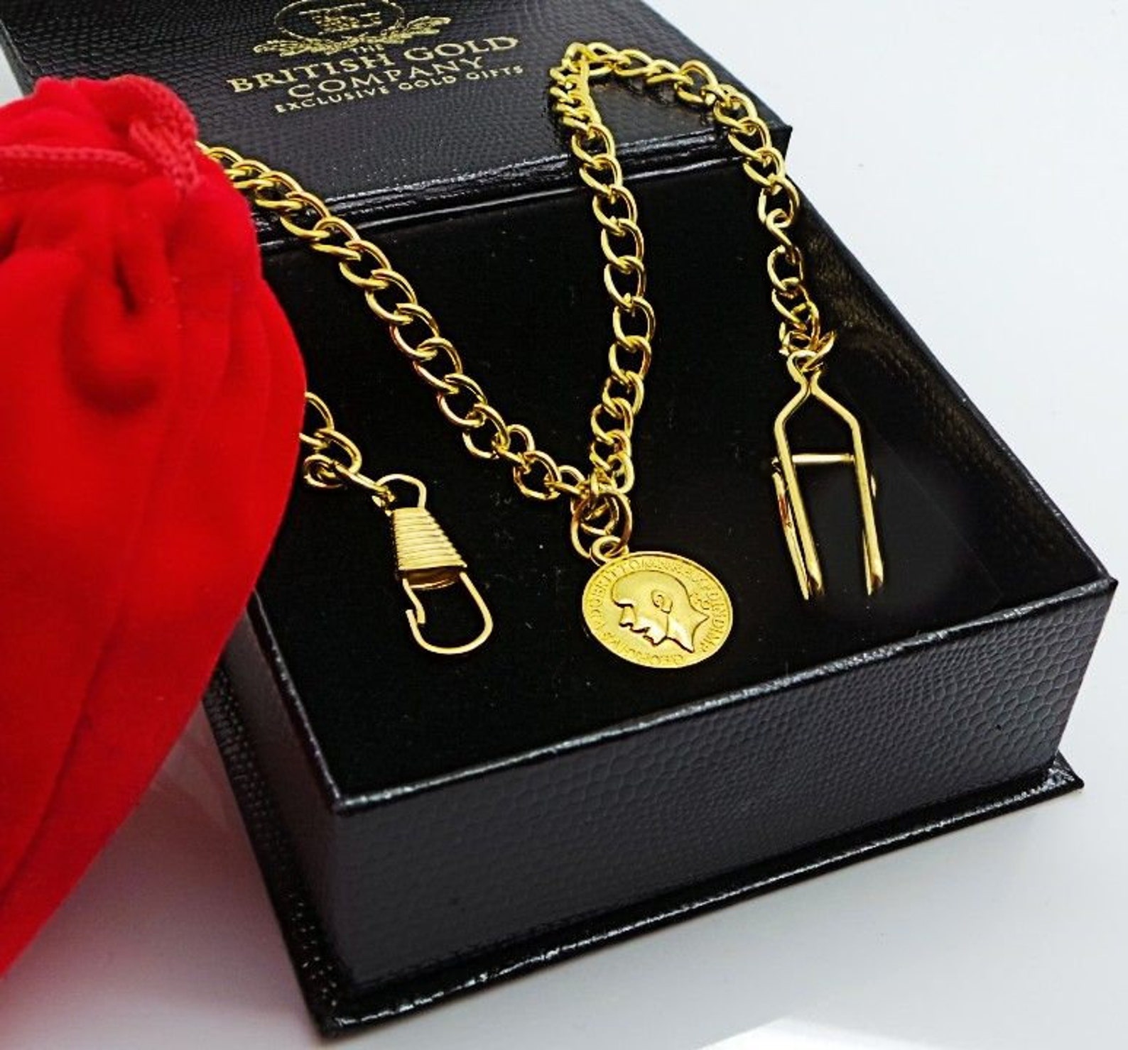 Pocket Watch Chain Single Albert 24k Gold Clad With Fob Coin Pendant ...