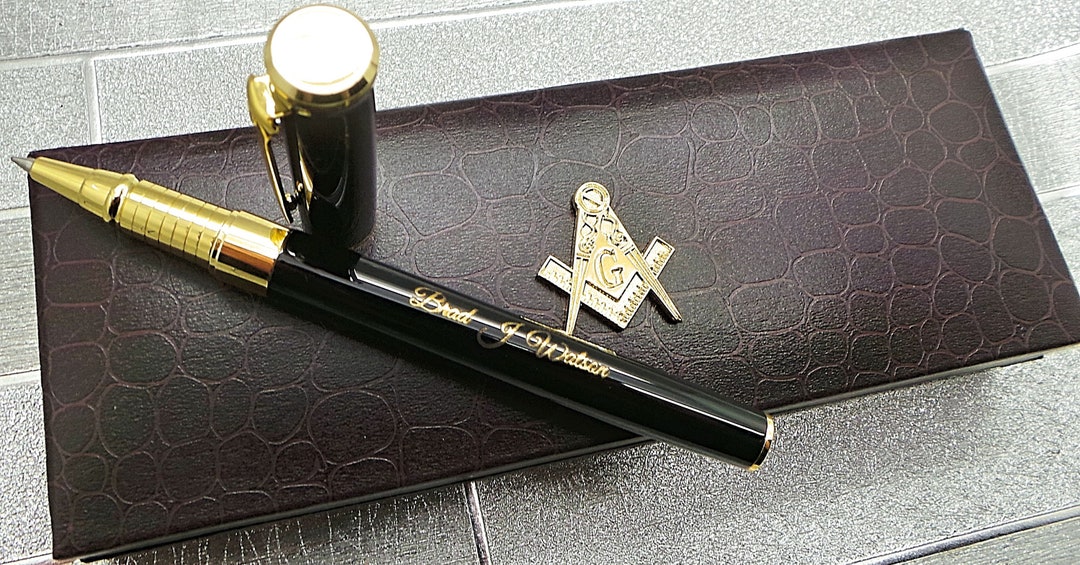 Masonic Freemasons 24k Gold Clad Engraved Masonic Black Ink Rollerball ...
