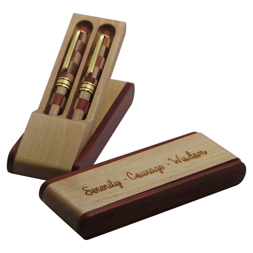 Personalised Double Pen Set Folding Desk Stand Case Luxury Wooden Case ...