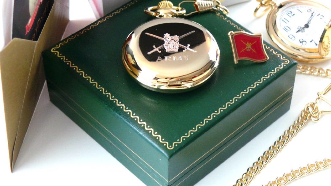 Army Pocket Watch Personalised Crested With Lapel Pin Badge in Luxury ...