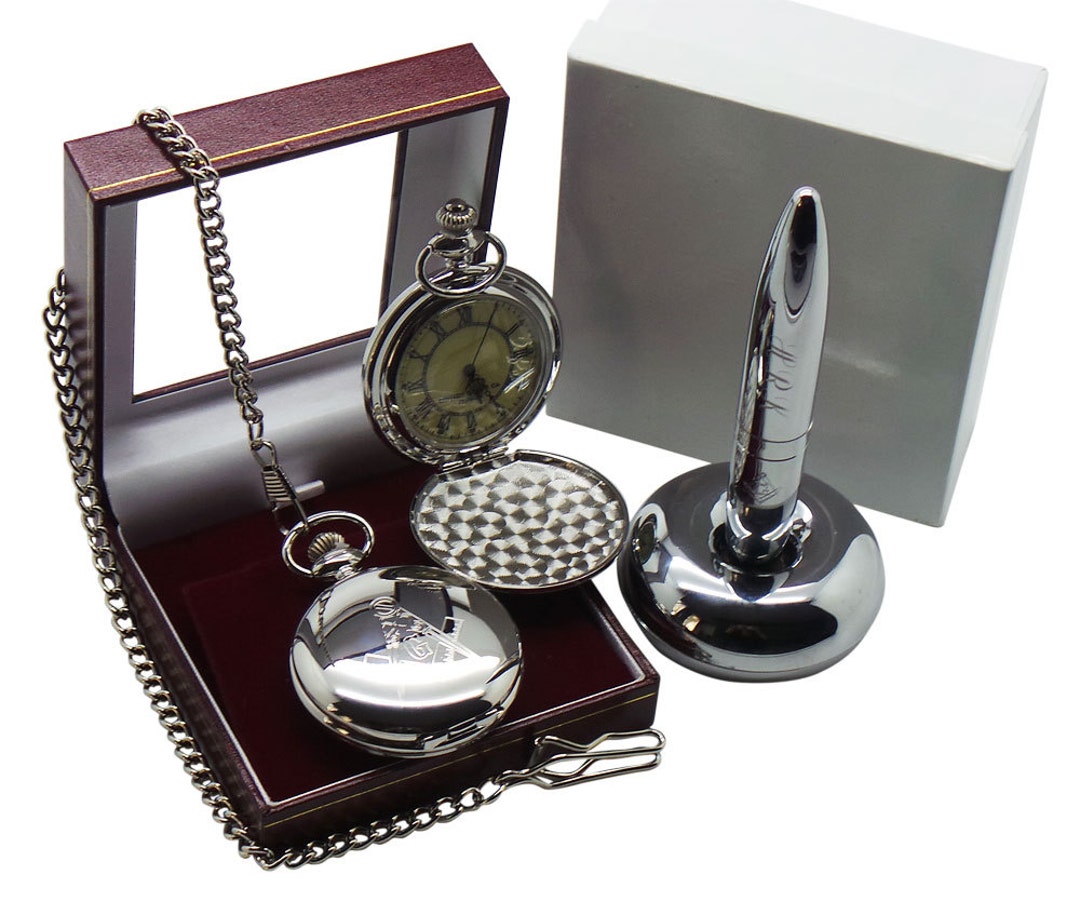 Engraved Freemasons Pocket Watch and Masonic Chrome Ballpoint Pen Desk ...