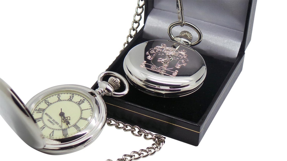 Family Name Coat of Arms Silver Pocket Watch in Luxury Gift Box Case ...