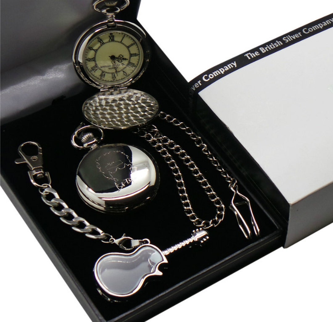 Bob Dylan Signed Silver Pocket Watch and Glass Guitar Keychain Keyring ...