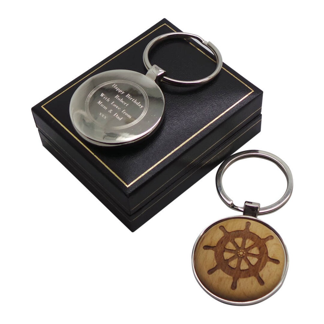 Ships Wheel Keyring Personalised Silver OR Gold Engraved Keychain Gift ...