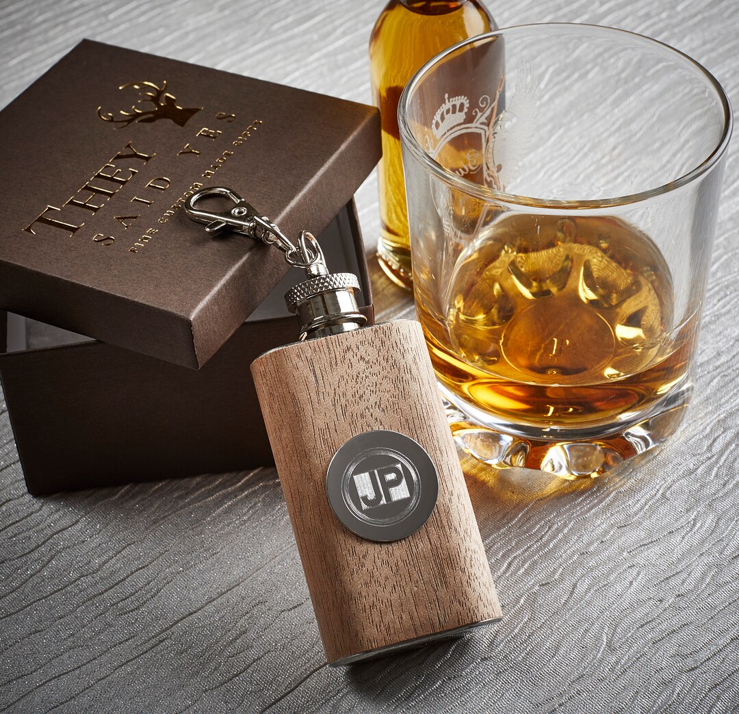 Personalised Wood Steel Silver Hip Flask Keyring Keychain Custom ...