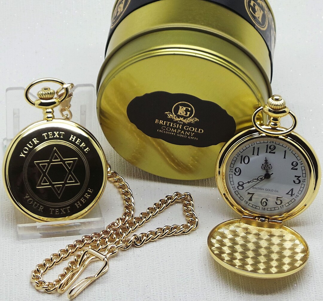 Personalised Star of David Pocket Watch in Luxury Gold Gift Metal Case ...
