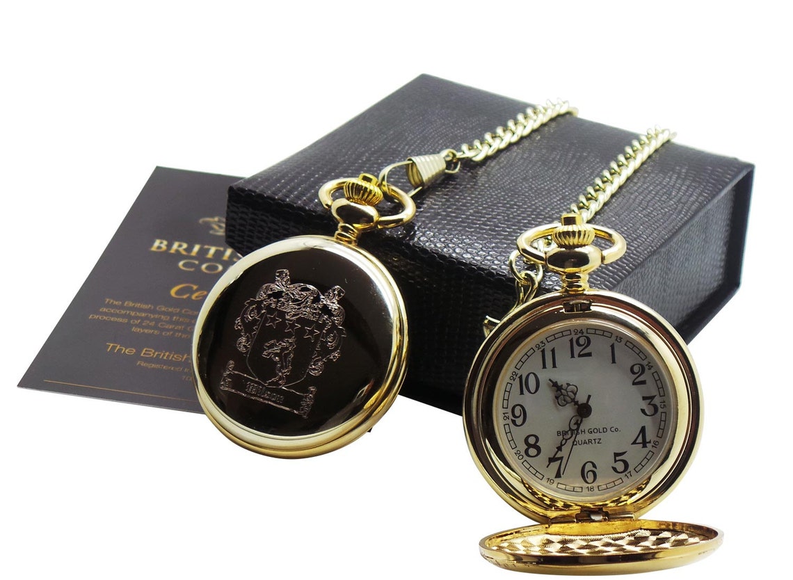 Family Name Coat of Arms 24k Gold Plated Pocket Watch in Luxury Gift ...