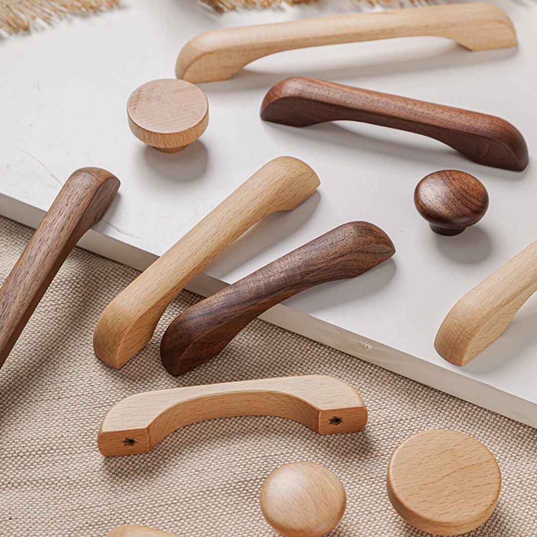 Walnut Beech Wood Drawer Pulls Knobs Cupboard Handles Wooden Cabinet ...