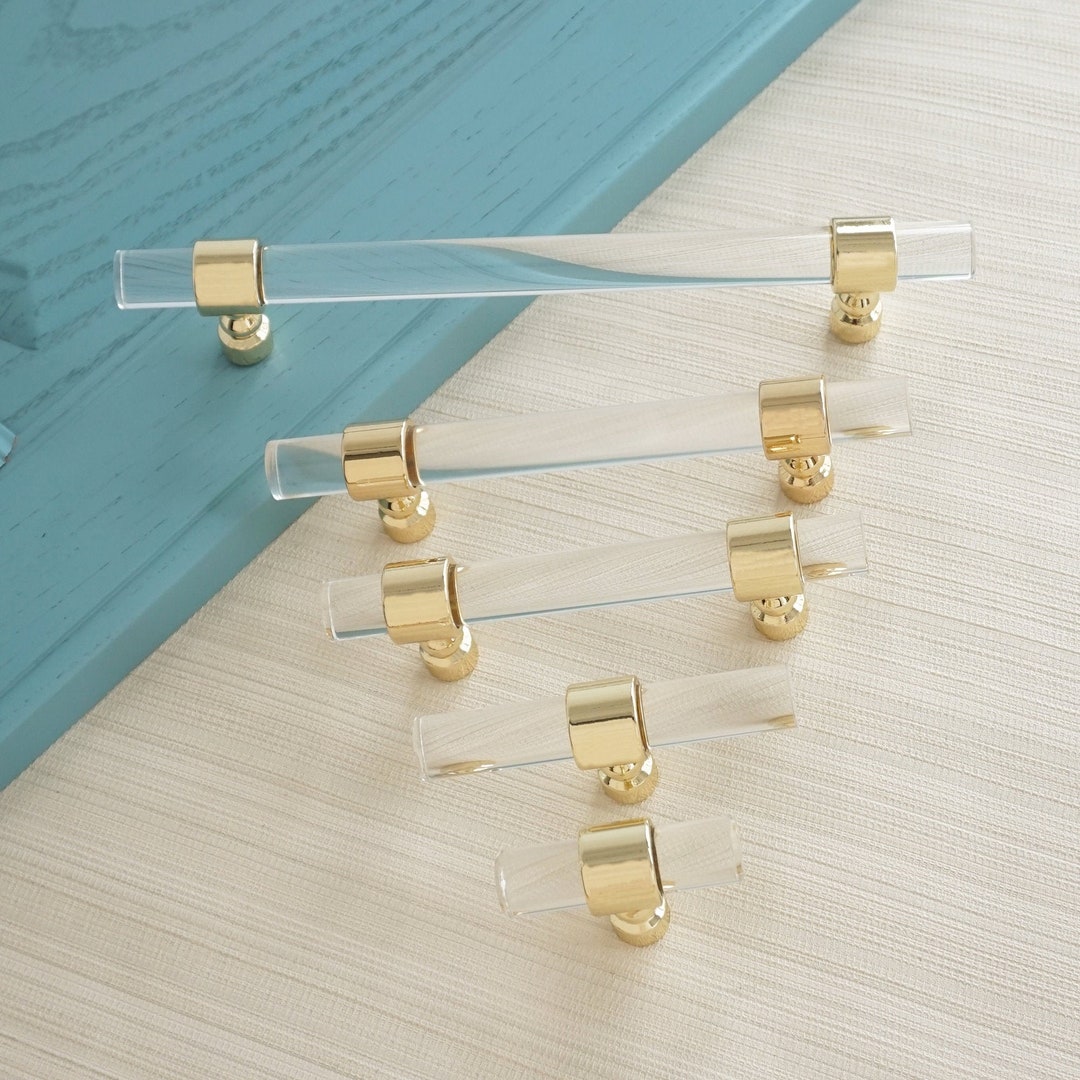 Customizable Acrylic Kitchen Pulls Handles Gold Clear Dresser Pulls ...