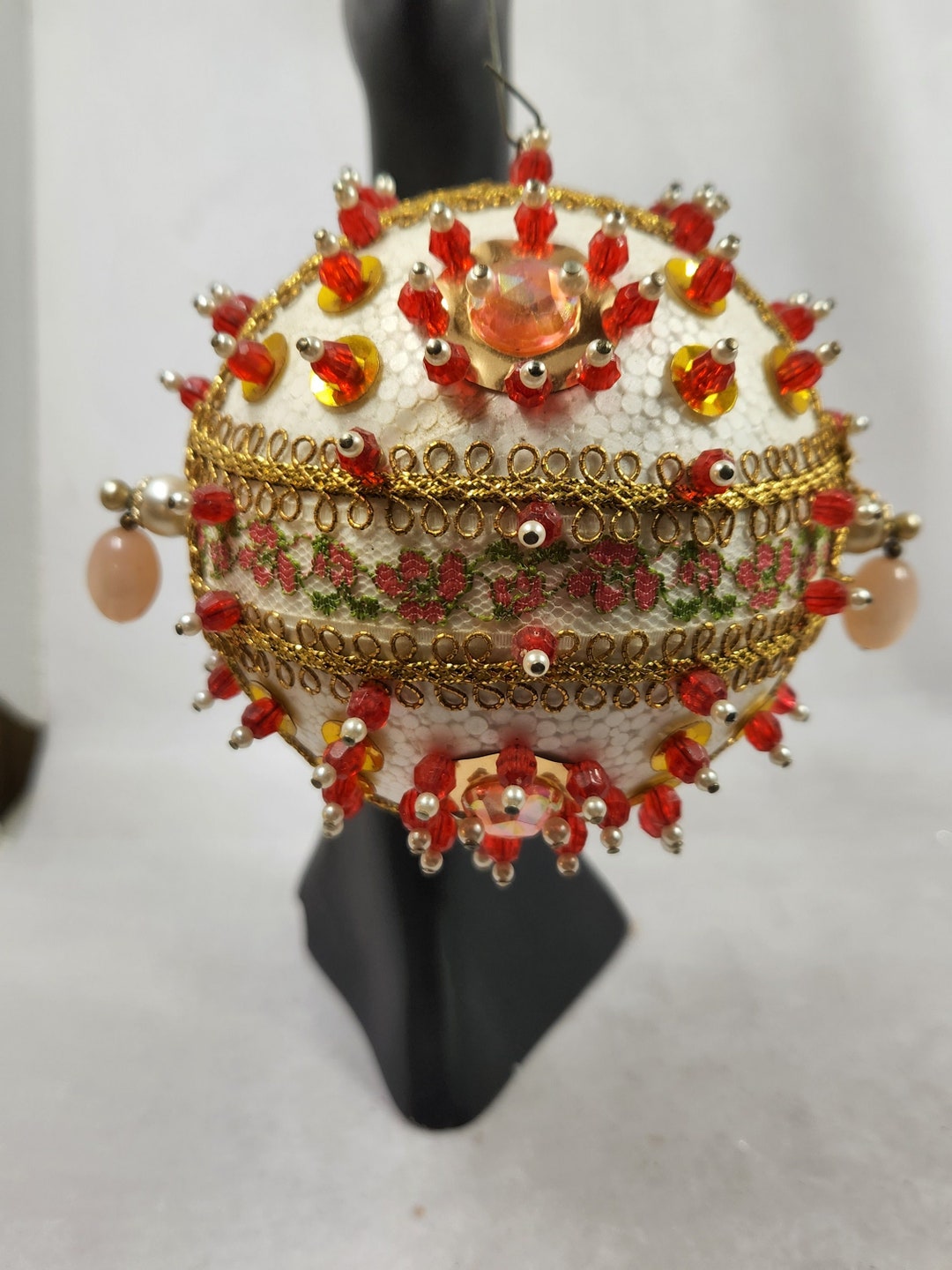 Vintage Push Pin Beaded Sequined Ornament With Pink Floral Lace and ...