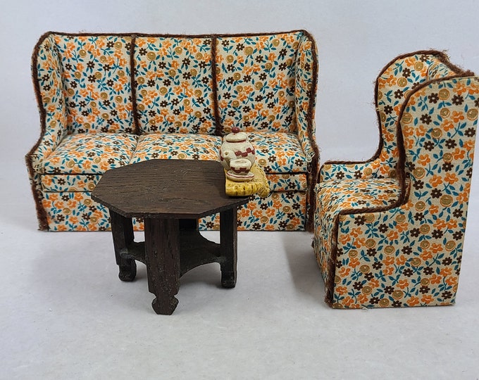Vintage Miniature Dollhouse Upholstered Couch, Side Chair and Wooden ...