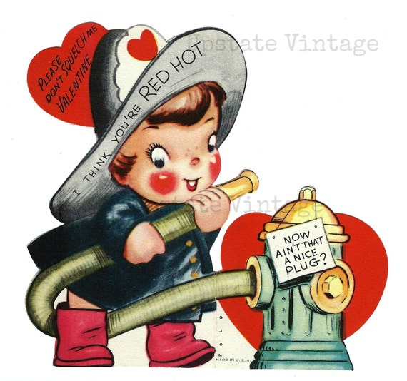 Vintage Kitschy Firefighter Valentine Digital Download | Etsy