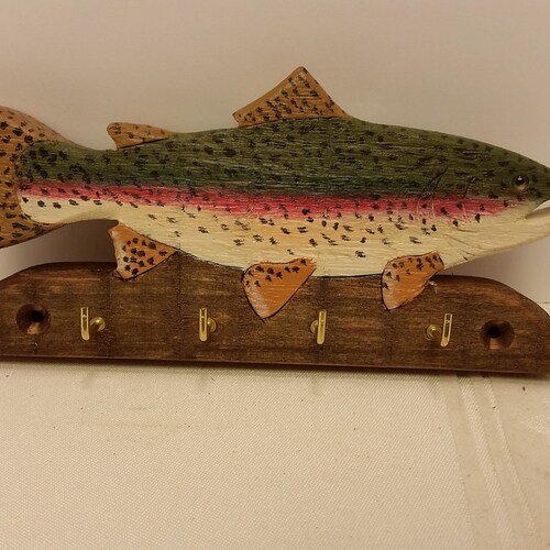 Hand Carved Rainbow Trout Key Rack With 4 Hooks - Etsy