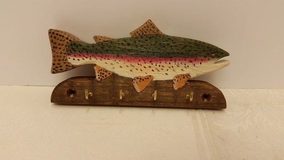 Hand Carved Rainbow Trout Key Rack With 4 Hooks | Etsy