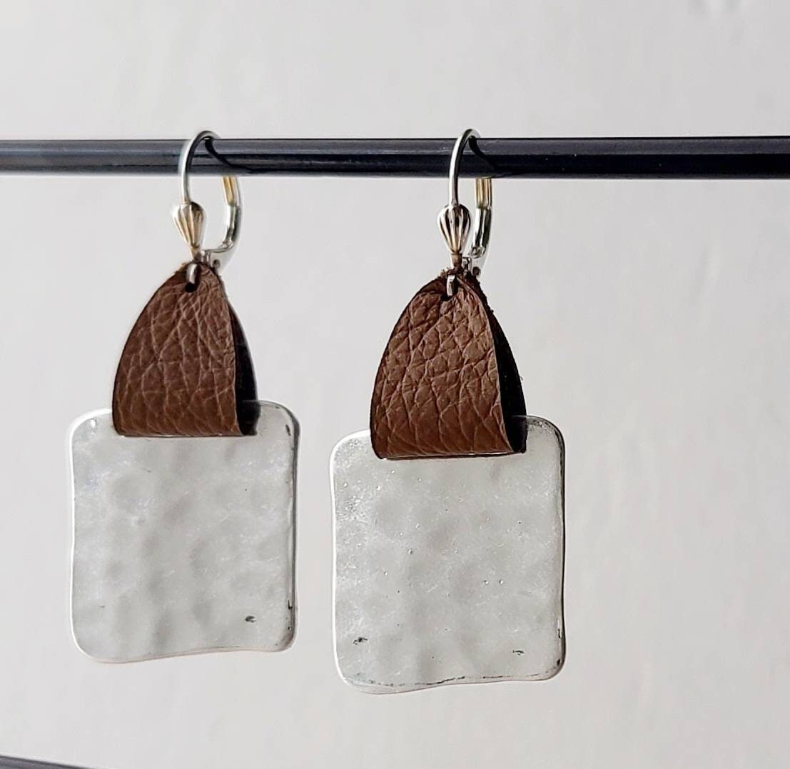 Leather Strap Hammered Square Earrings, - Etsy
