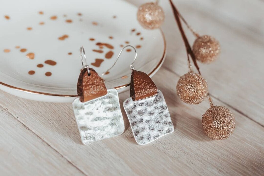 Leather Strap Hammered Square Earrings, - Etsy