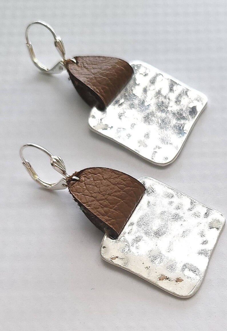 Leather Strap Hammered Square Earrings, - Etsy