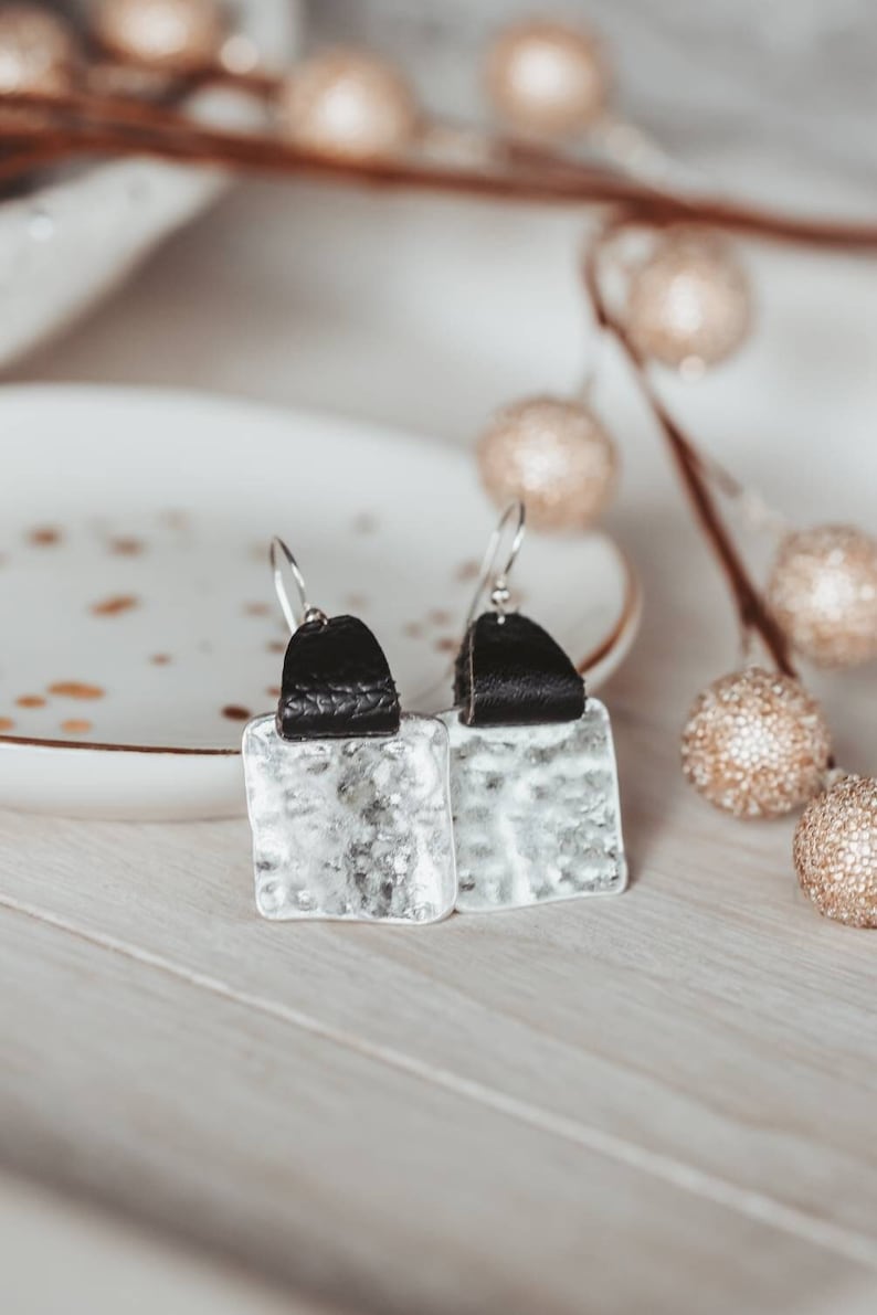 Leather Strap Hammered Square Earrings, - Etsy
