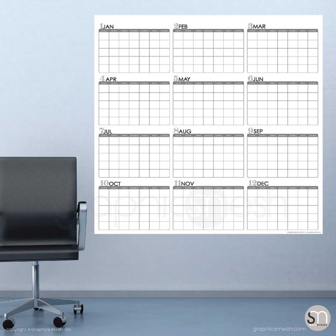 HUGE YEARLY BLANK Calendar - Jan Thru Dec - Dry Erase Wall Decal 48x50 ...