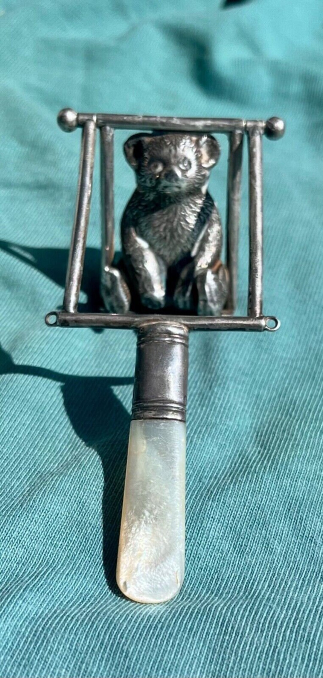1908 TEDDY BEAR on Swing Hallmarked Sterling Silver/ MOP Rattle ...
